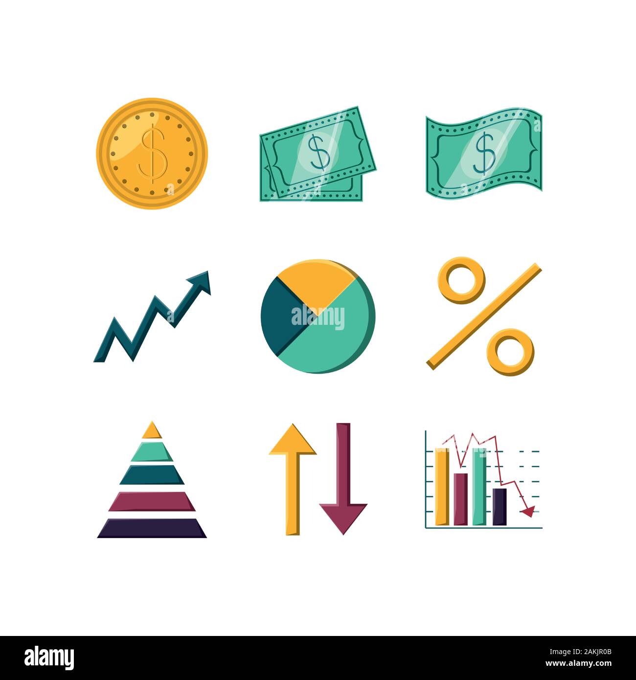Icon set of money infographic financial item banking commerce market ...