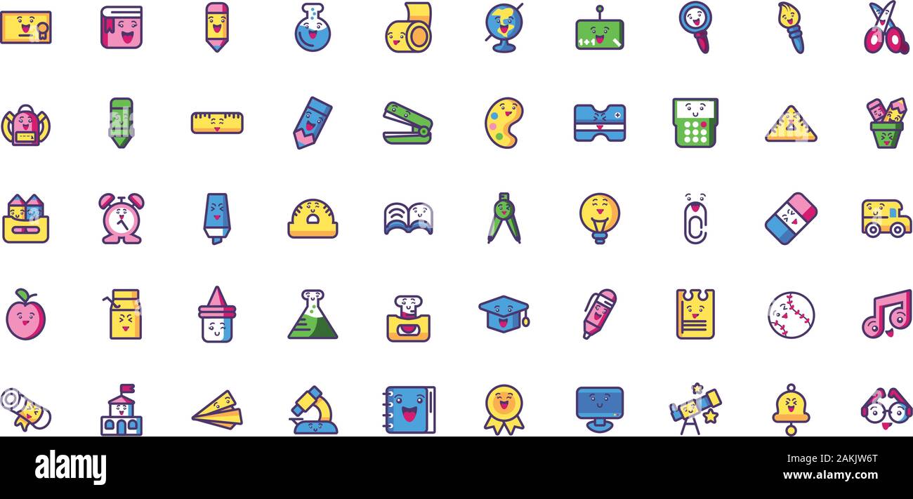 Icon set cartoons design, Kawaii school expression cute character funny ...