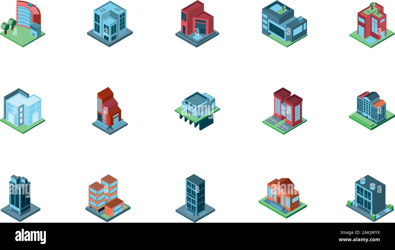 Isometric buildings design, City architecture urban modern downtown ...