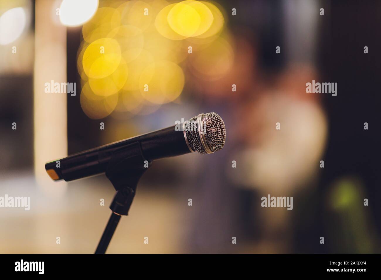 Close up of microphone in concert hall or conference room Stock Photo ...
