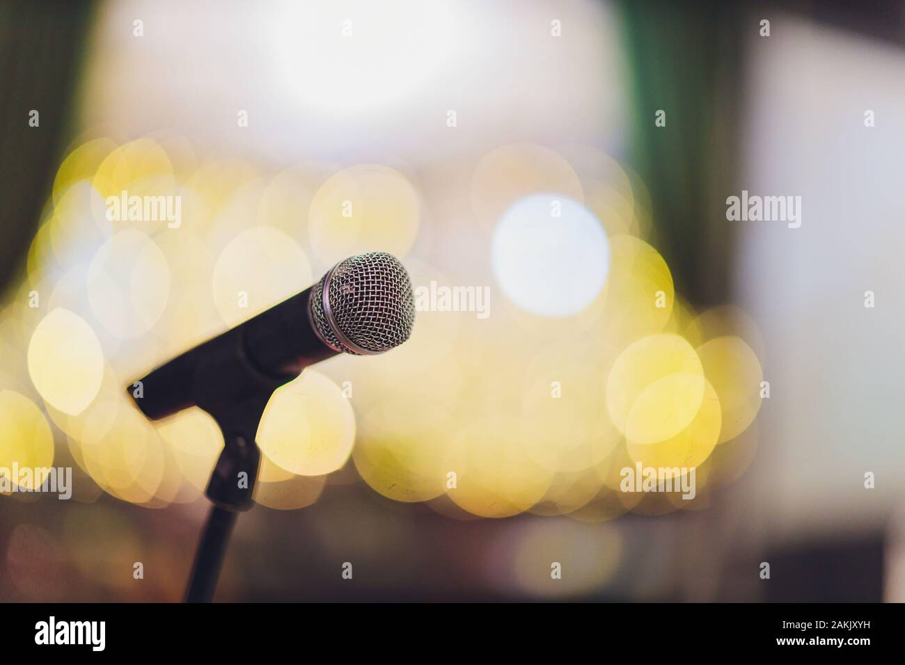 Close up of microphone in concert hall or conference room Stock Photo ...