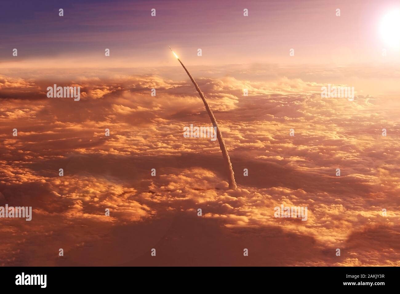 The launch of the space shuttle into space, with smoke and fire ...