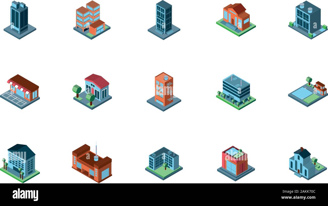 Isometric buildings design, City architecture urban modern downtown ...