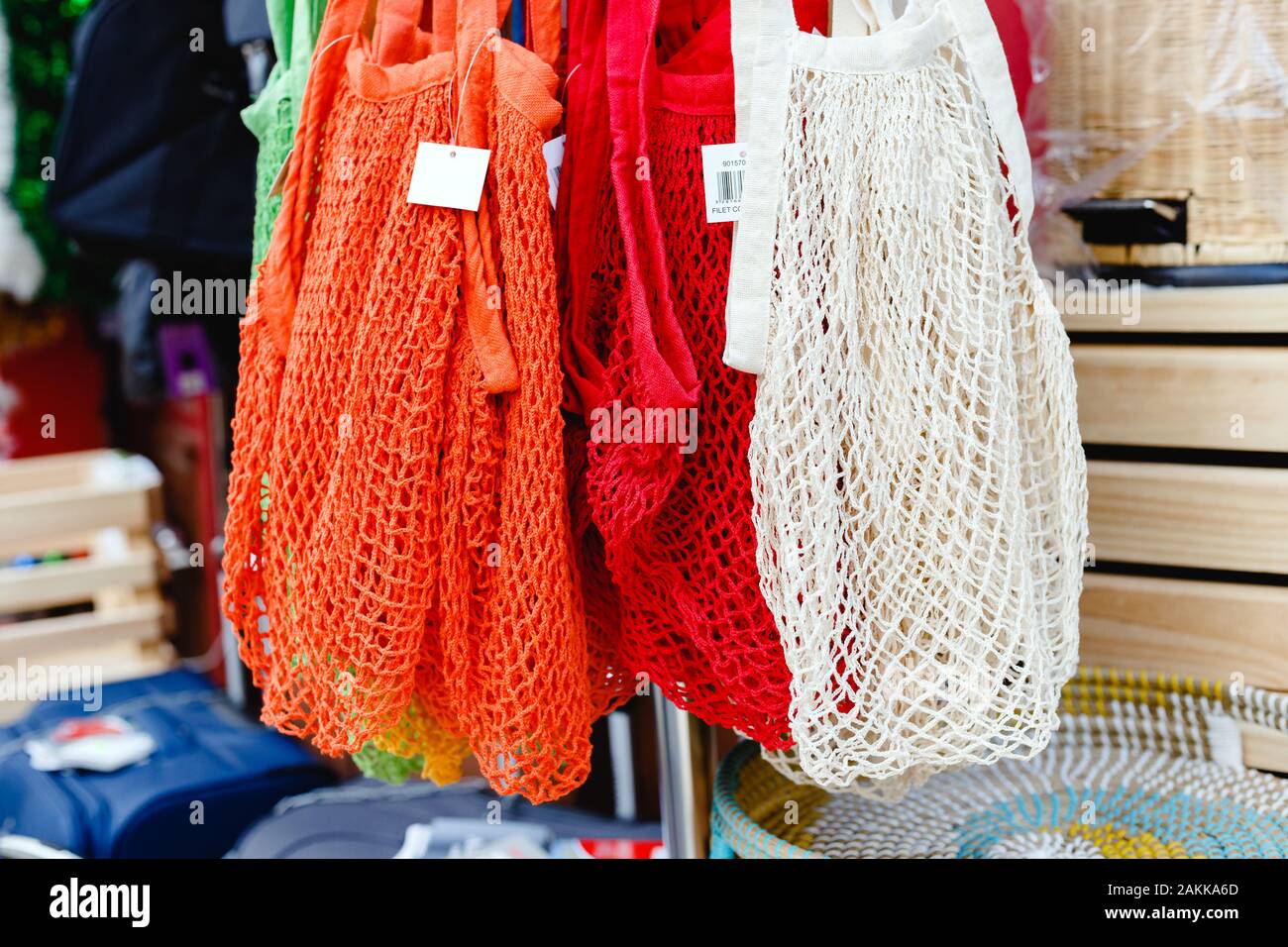 String bags. Store with many different colors string bags, basket. No ...