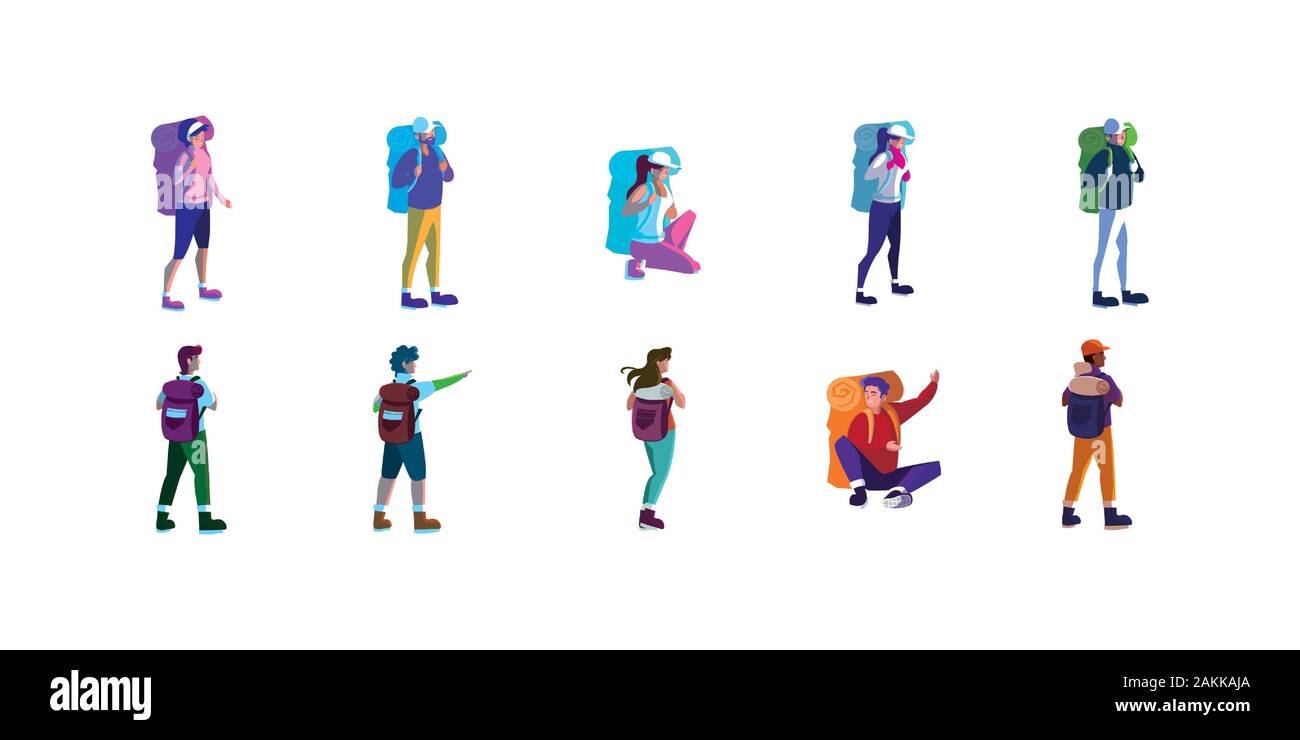 Hikers with bags set design, Walker excursionist rambler tripper ...