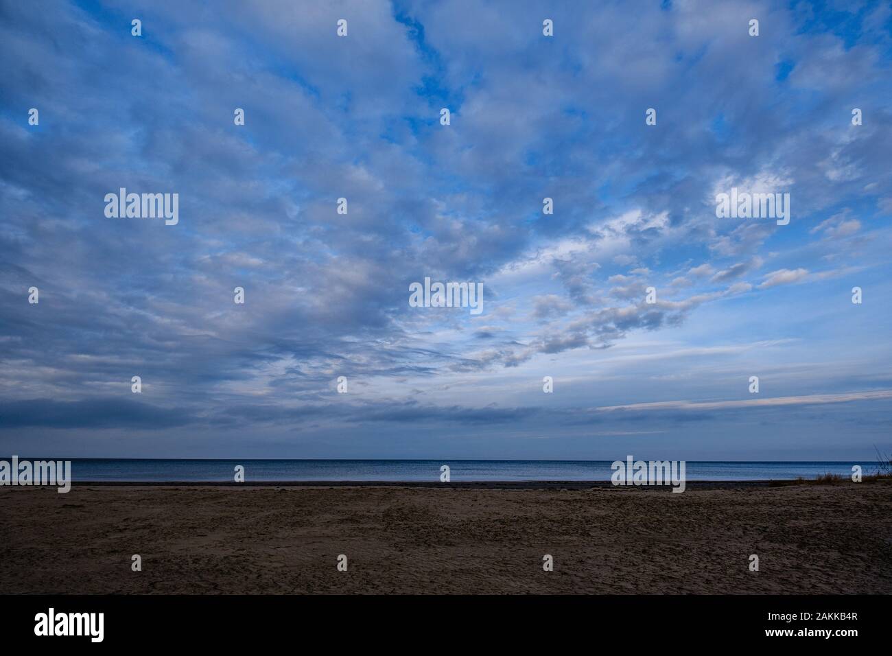 empty sea beach in autumn with some bushes and dry grass. water in ...