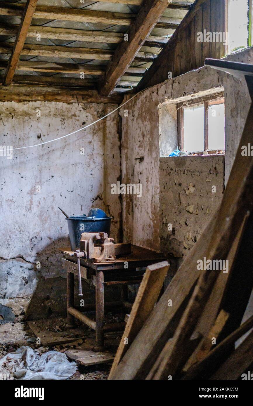 old abandoned house interior with broken furniture and empty windows ...