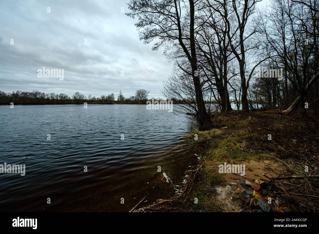 autumn river with flooded shore with trees in the water Stock Photo - Alamy