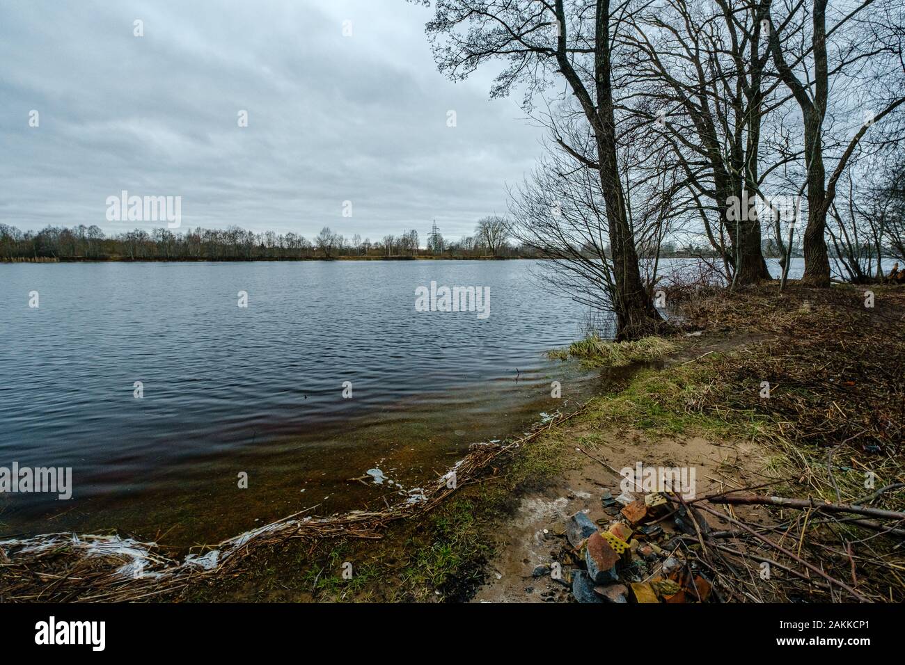 autumn river with flooded shore with trees in the water Stock Photo - Alamy