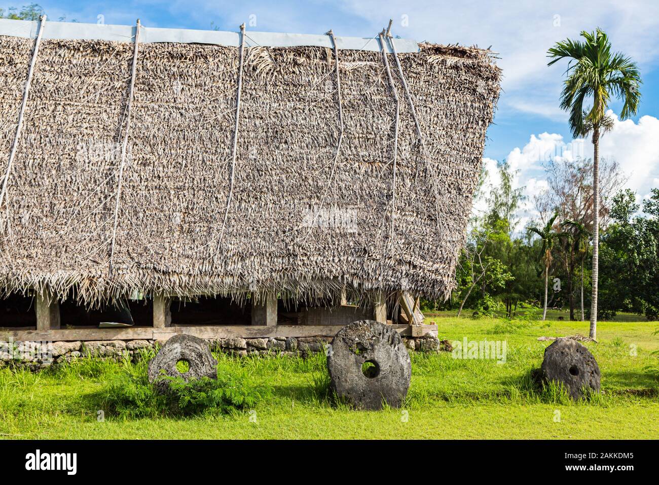 Traditional thatched yapese men's meeting house called faluw or fale ...