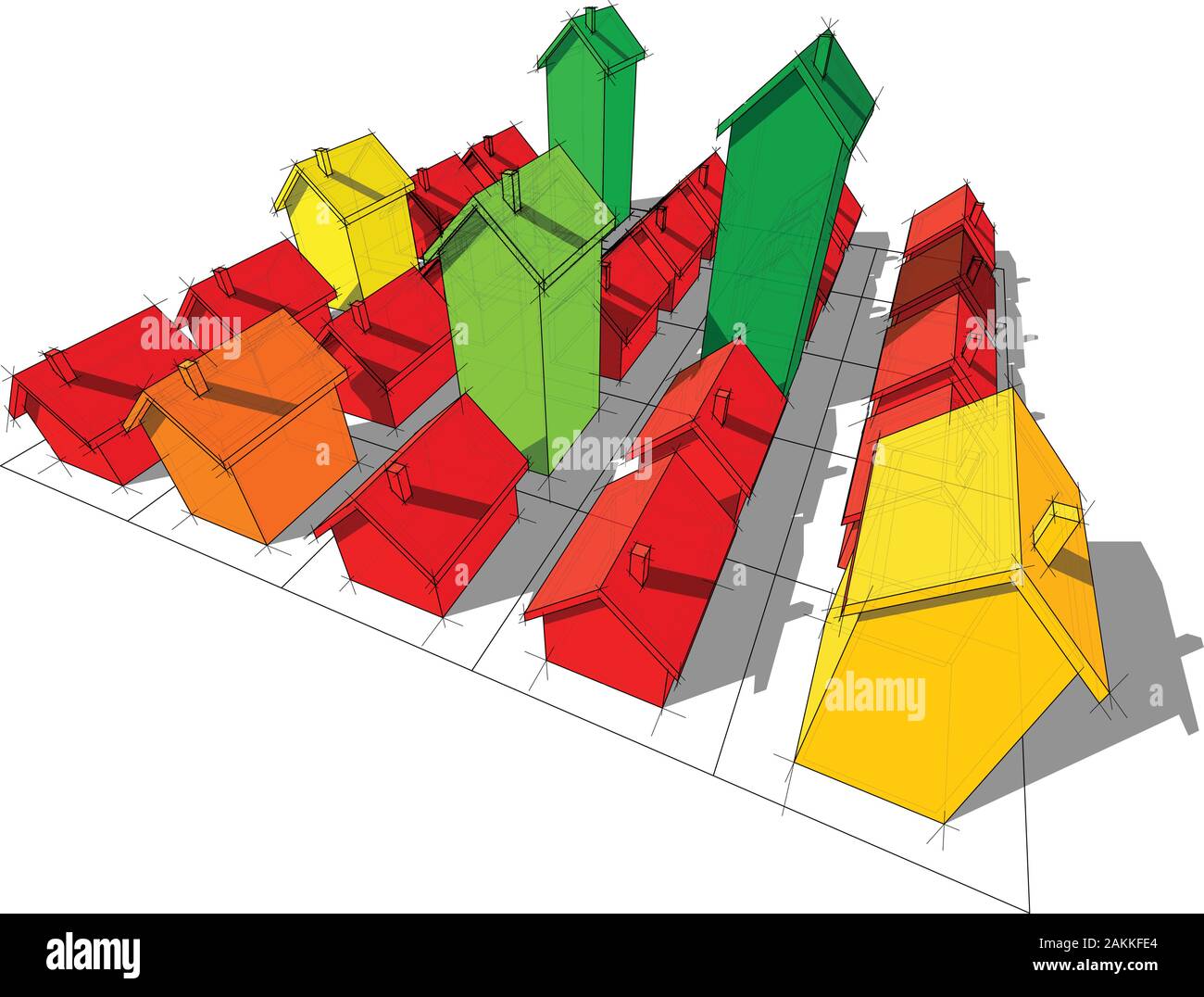 field of twenty five transparent simple detached houses with different ...