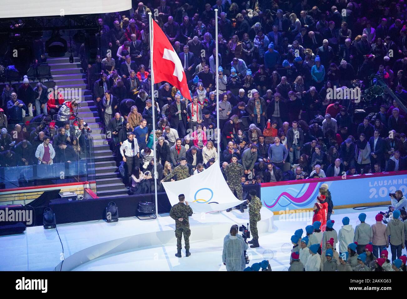 LAUSANNE, SWITZERLAND - JANUARY 09: The Swiss and Olympic flags are ...