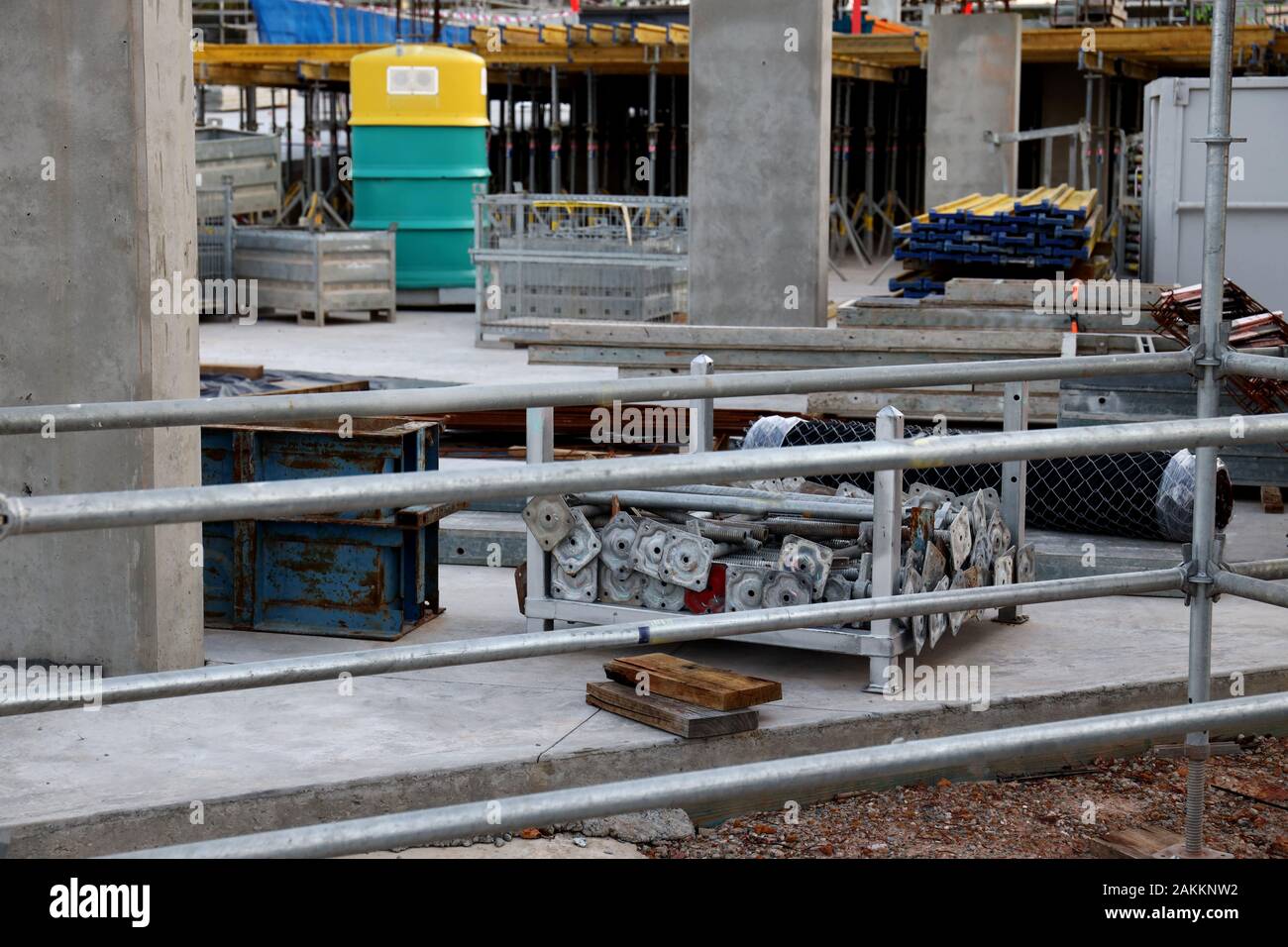 Construction site: Wider shot in colour of a construction site with a ...
