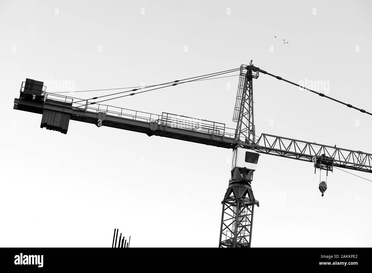 Construction site: Big tower crane control room and counterweights ...