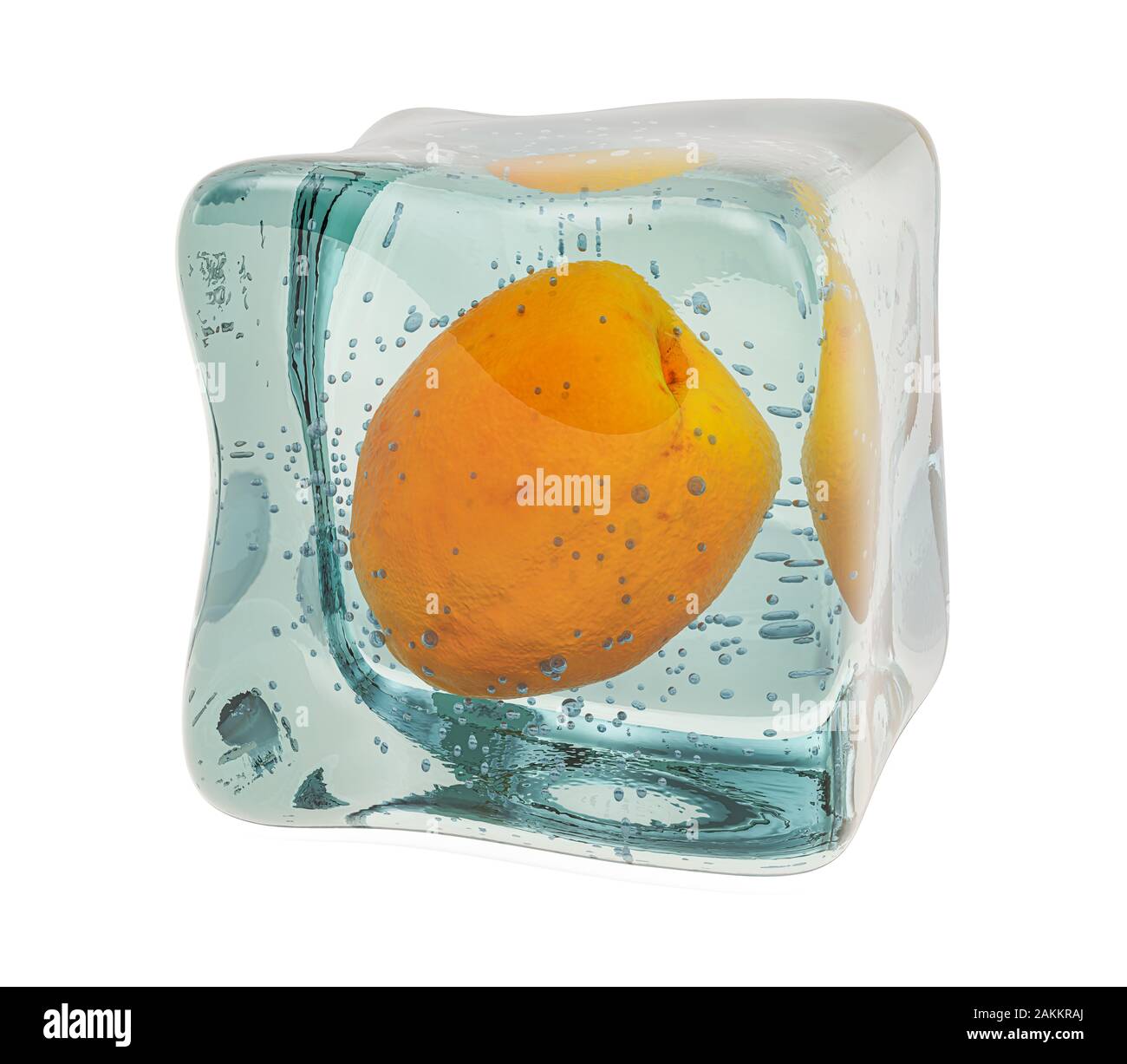 Apricot frozen in ice cube, 3D rendering isolated on white background ...