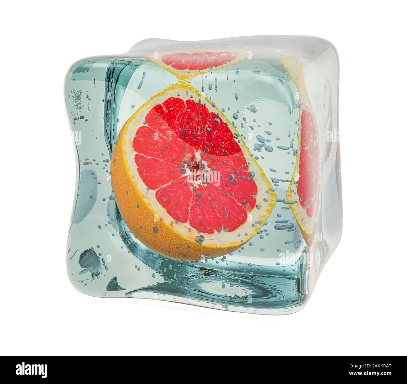 Grapefruit frozen in ice cube, 3D rendering isolated on white ...