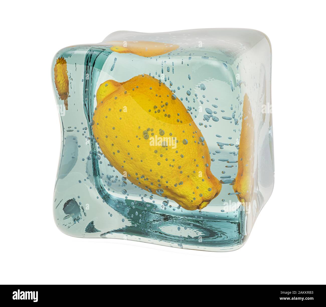 Lemon frozen in ice cube, 3D rendering isolated on white background ...