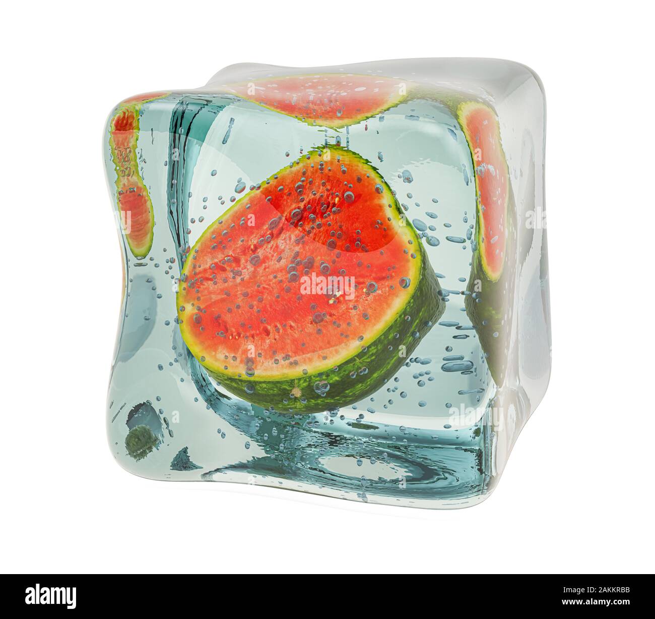 Watermelon frozen in ice cube, 3D rendering isolated on white ...