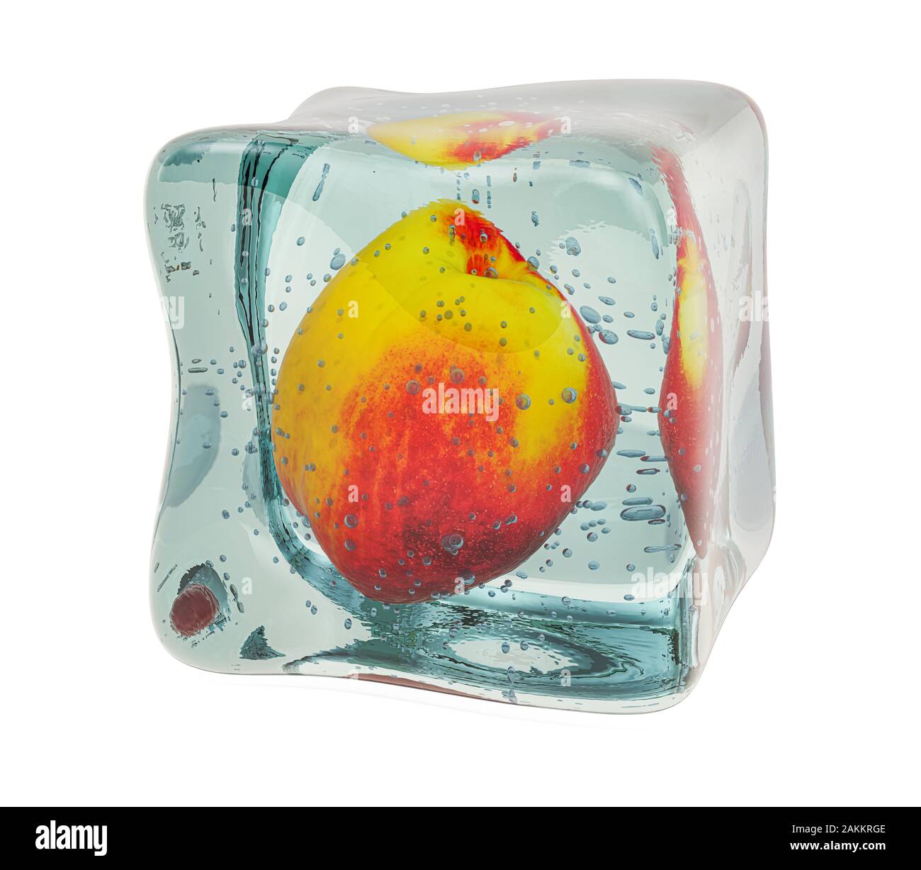 Nectarine frozen in ice cube, 3D rendering isolated on white background ...