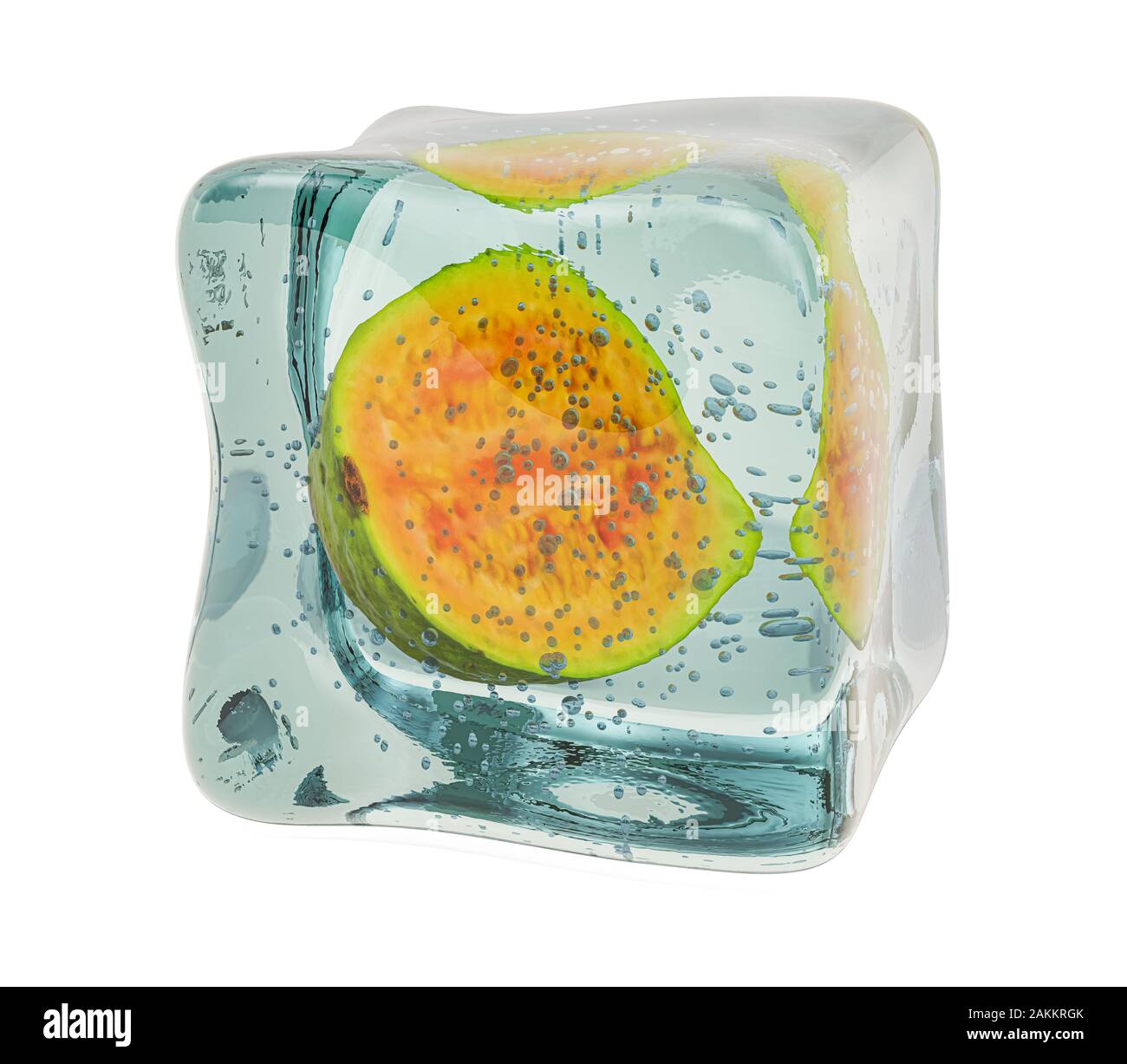 Common guava frozen in ice cube, 3D rendering isolated on white ...