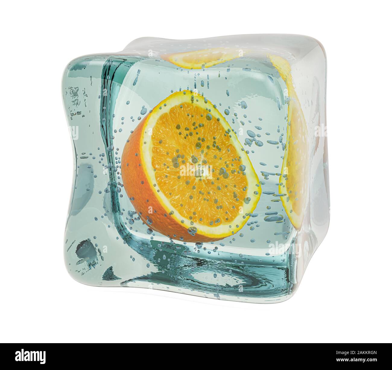 Orange frozen in ice cube, 3D rendering isolated on white background ...