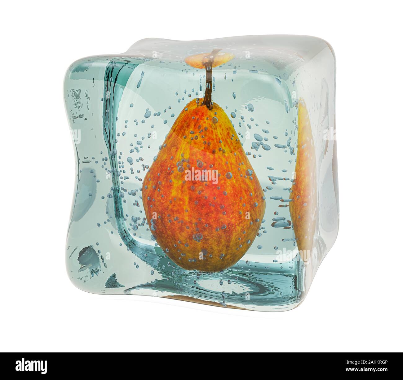 Pear frozen in ice cube, 3D rendering isolated on white background ...