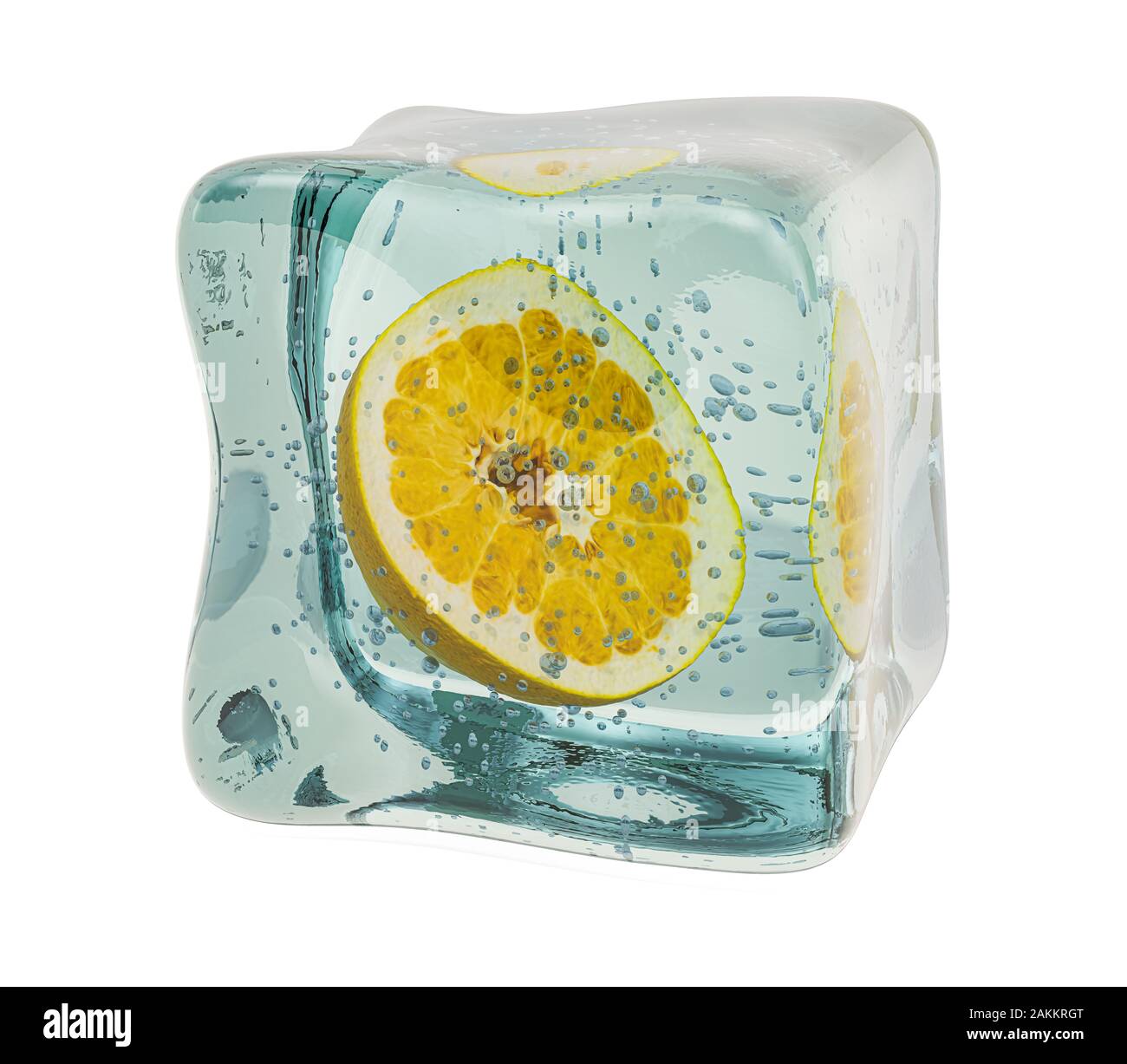 Pomelo fruit frozen in ice cube, 3D rendering isolated on white ...