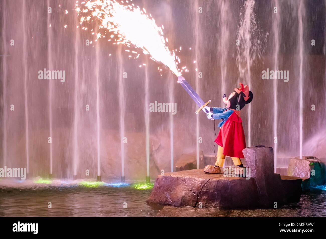 Orlando, Florida. January 03, 2020, Mickey Mouse throwing fireworks ...