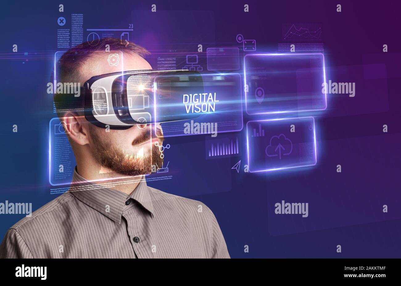 Businessman looking through Virtual Reality glasses with DIGITAL VISON ...