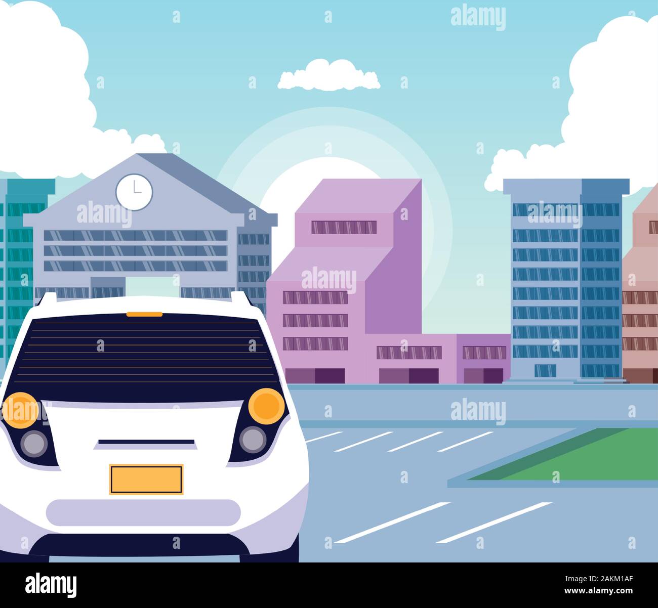 Car on the street in front of buildings design, Vehicle automobile auto ...