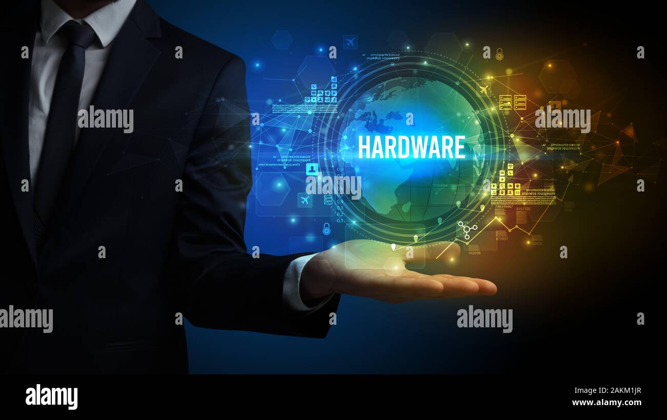 Elegant hand holding HARDWARE inscription, digital technology concept ...