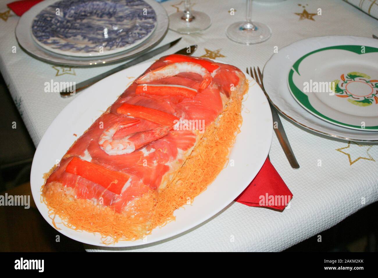 Decorated fish cake ready to be served in the table Stock Photo - Alamy