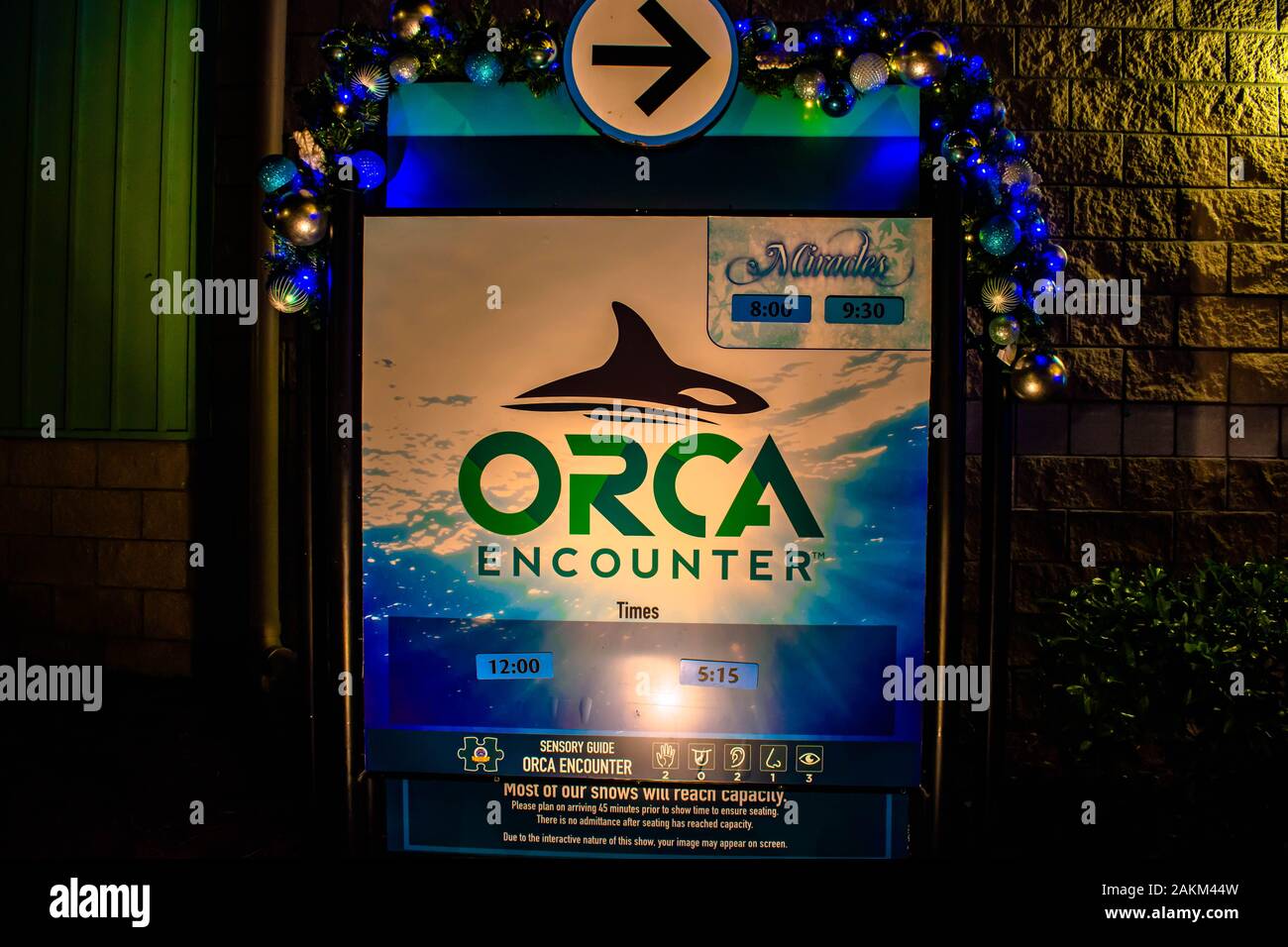 Orlando, Florida. December 30, 2019. Orca Encounter sign at Seaworld ...