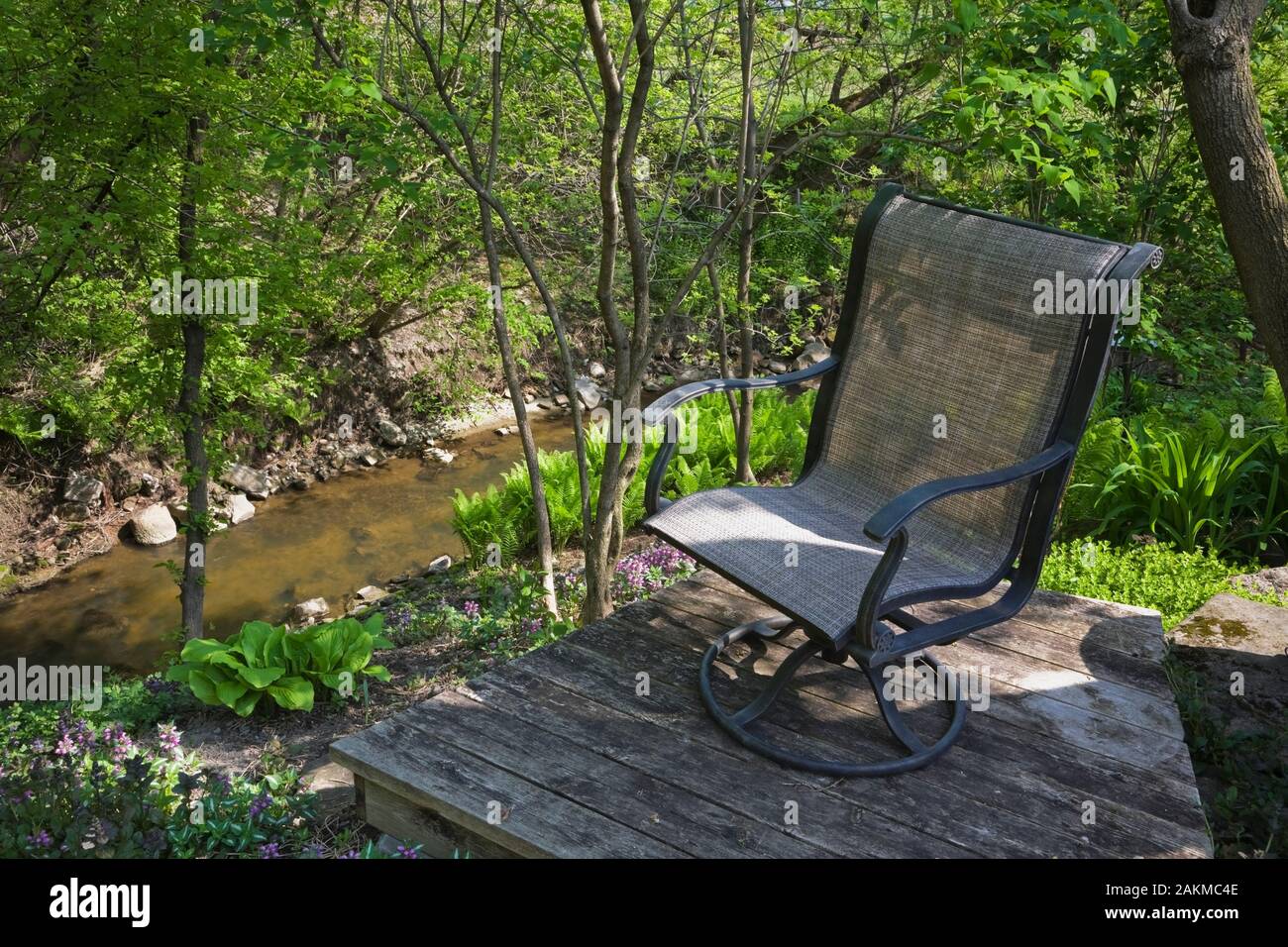 Brown canvas swivel chair on raised wooden platform bordered by ...