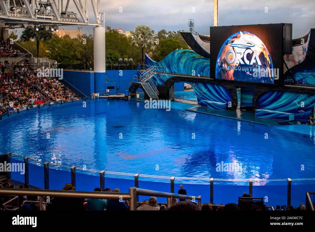 Orlando, Florida. December 30, 2019. Illuminated sign in Orca Encounter ...