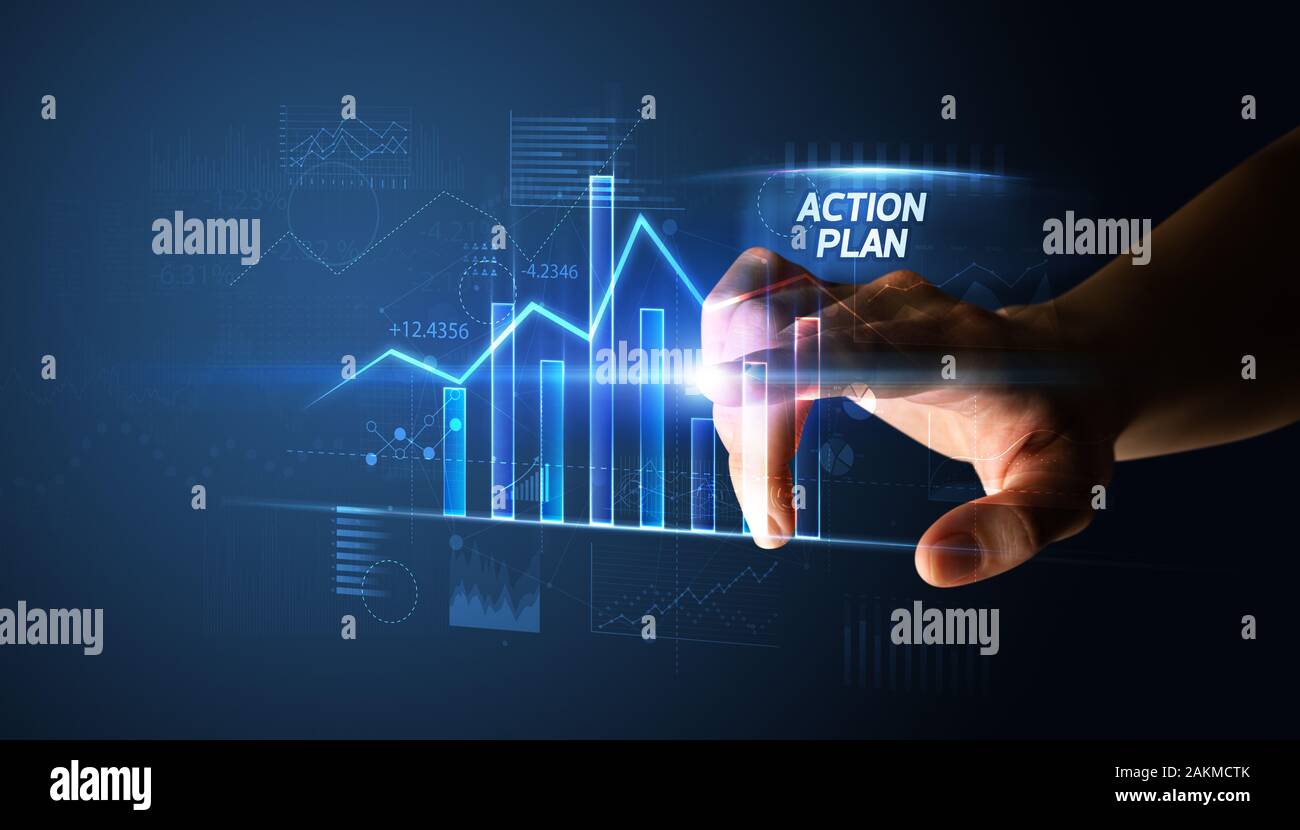 Hand touching ACTION PLAN button, business concept Stock Photo - Alamy