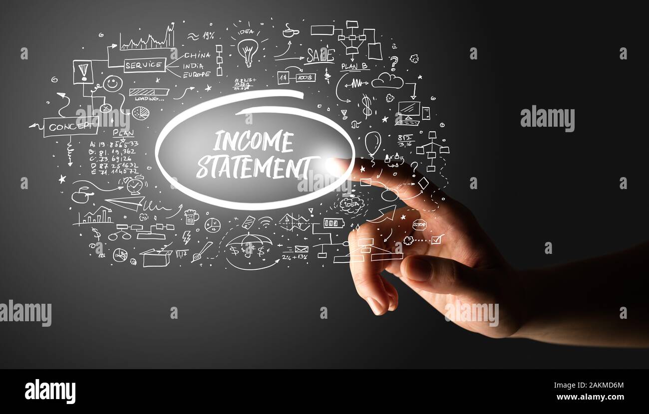 Hand touching INCOME STATEMENT inscription, hand drawn icons around ...