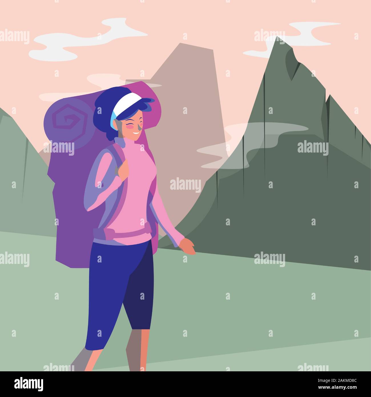 Hiker woman with bag and landscape design, Walker excursionist rambler ...