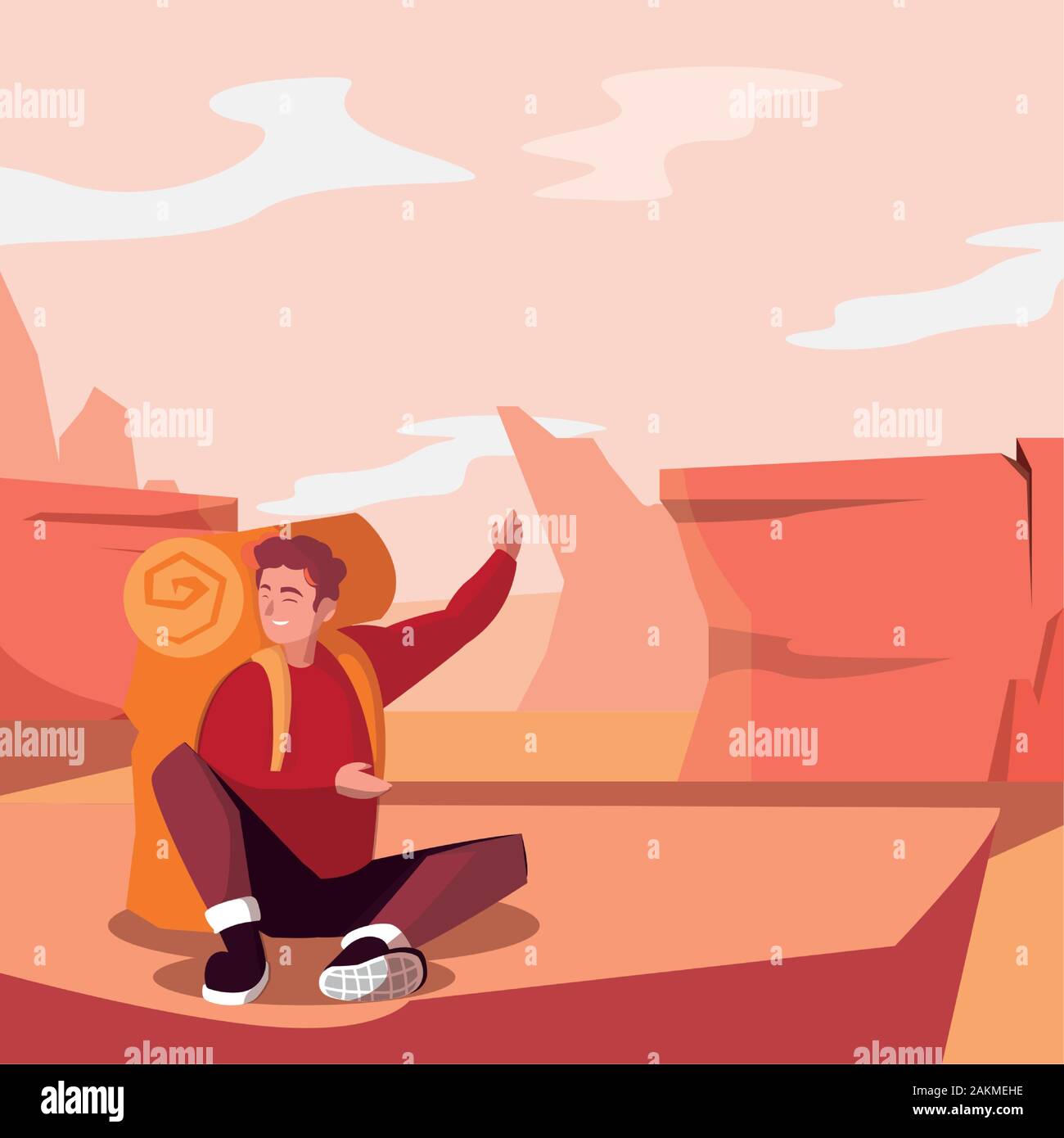 Hiker man with bag and landscape design, Walker excursionist rambler ...