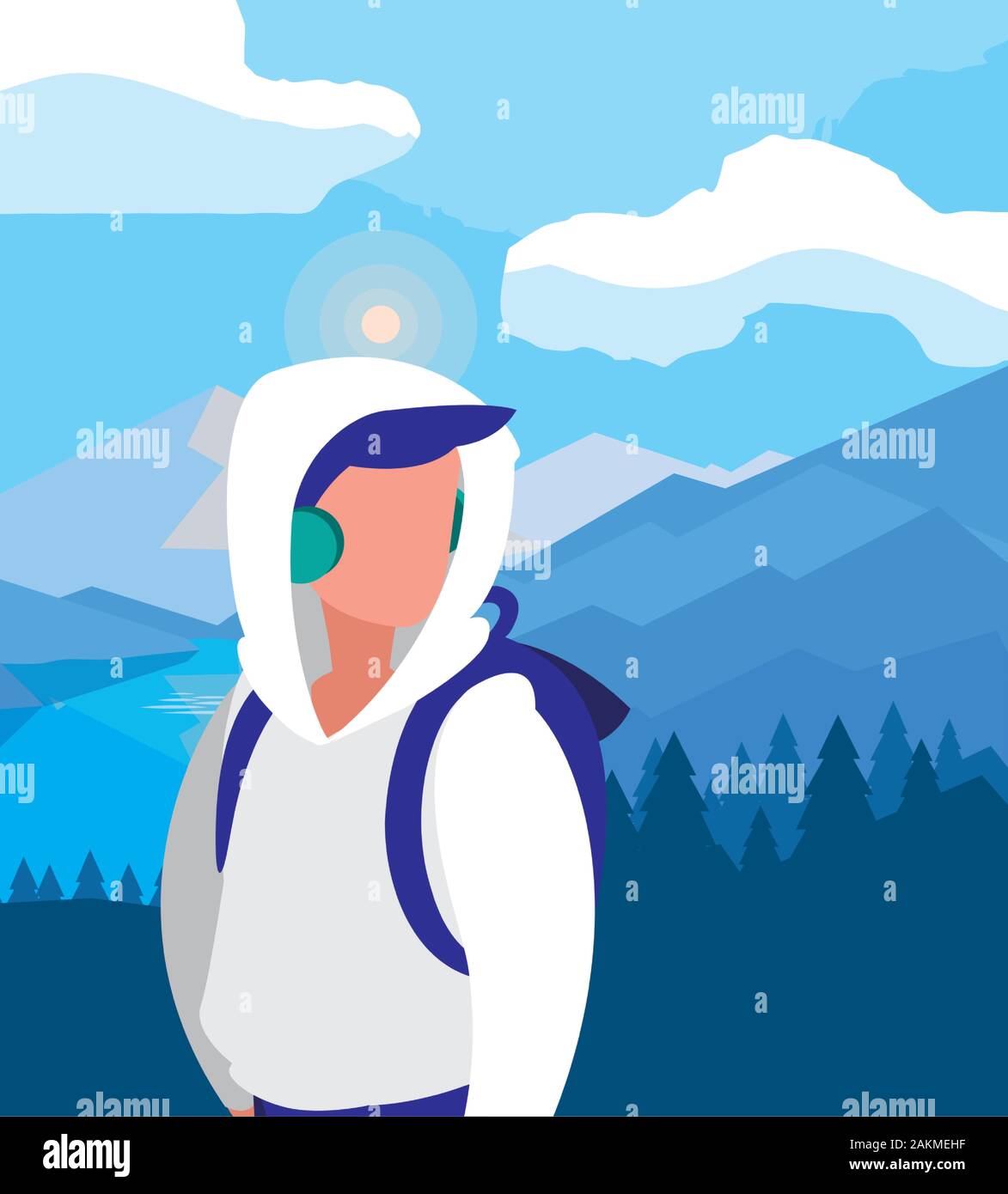 Hiker man and landscape design, Walker excursionist rambler tripper ...