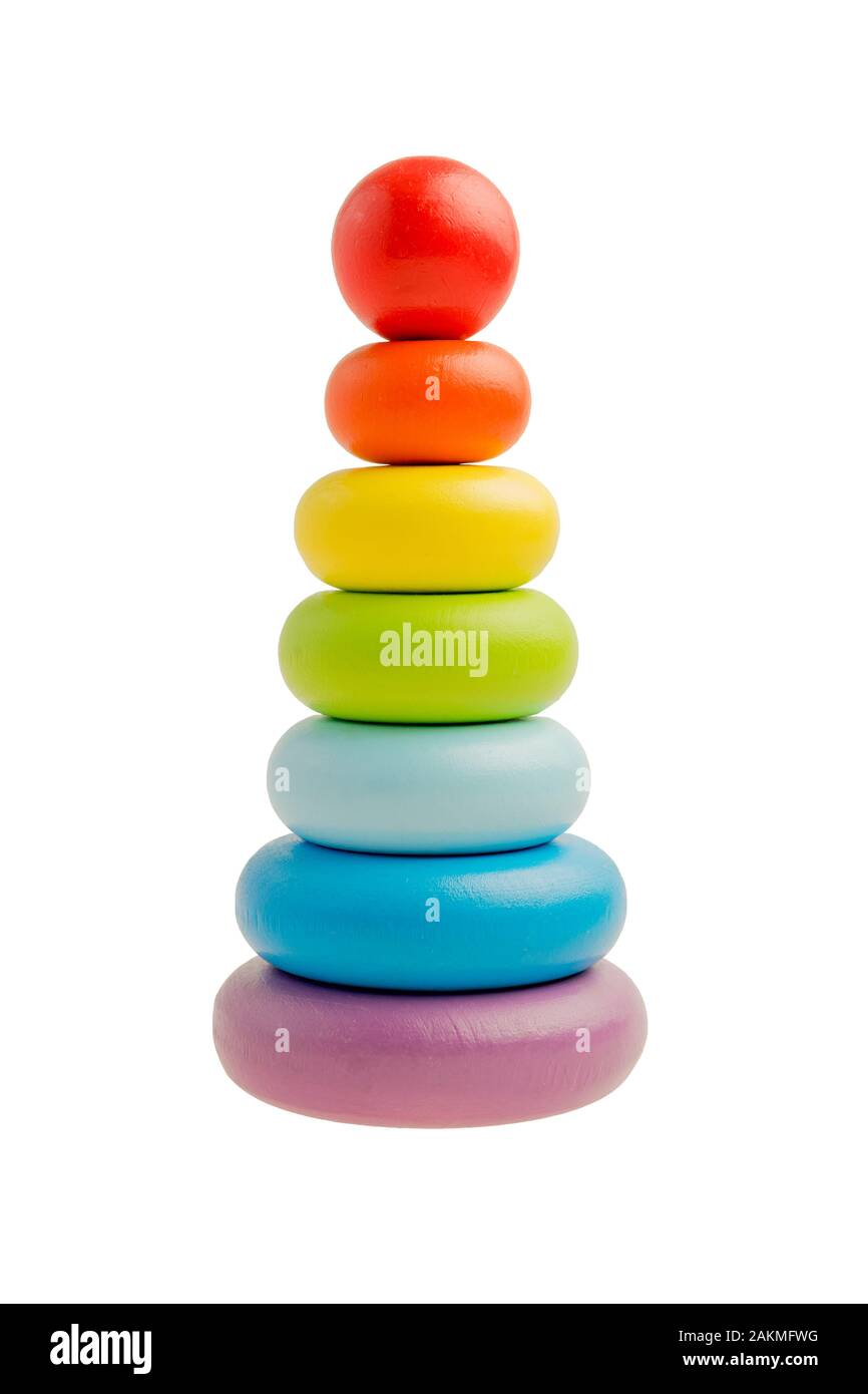 eco baby toy Wooden colorful stacking rings pyramid isolated on white ...