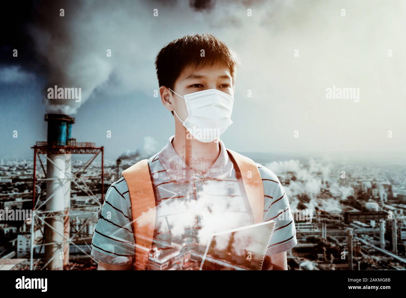 teenagers student wearing mask against smog and air pollution factory ...