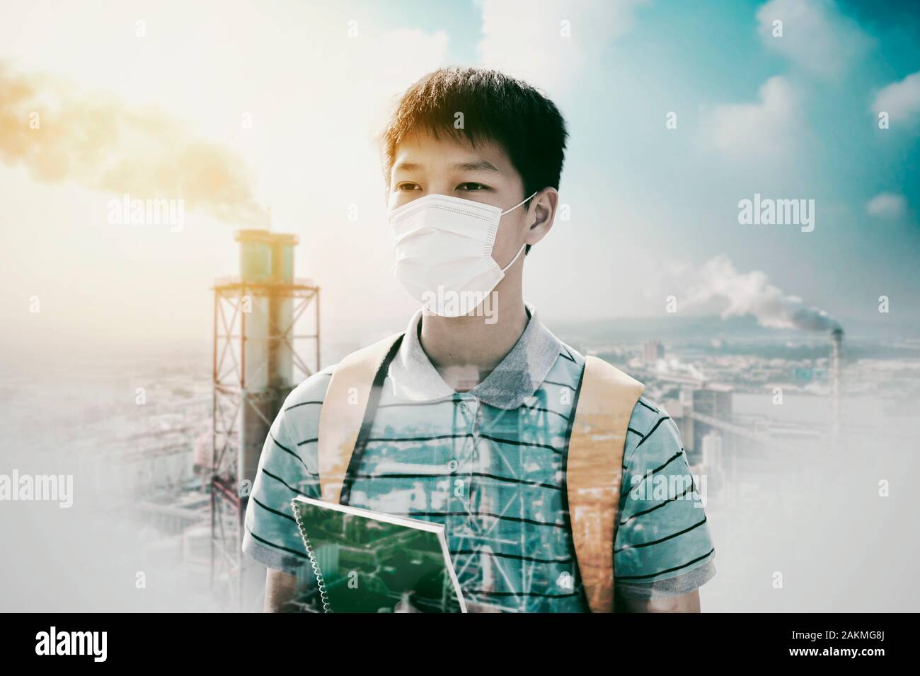 teenagers student wearing mask against smog and air pollution factory ...