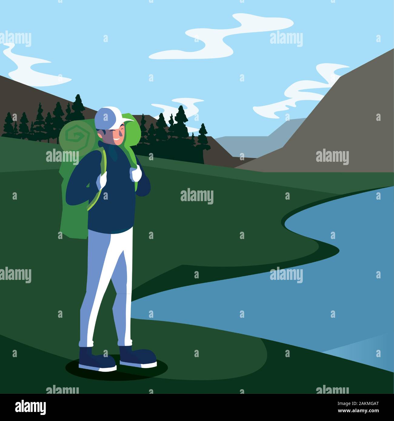 Hiker man with bag and landscape design, Walker excursionist rambler ...