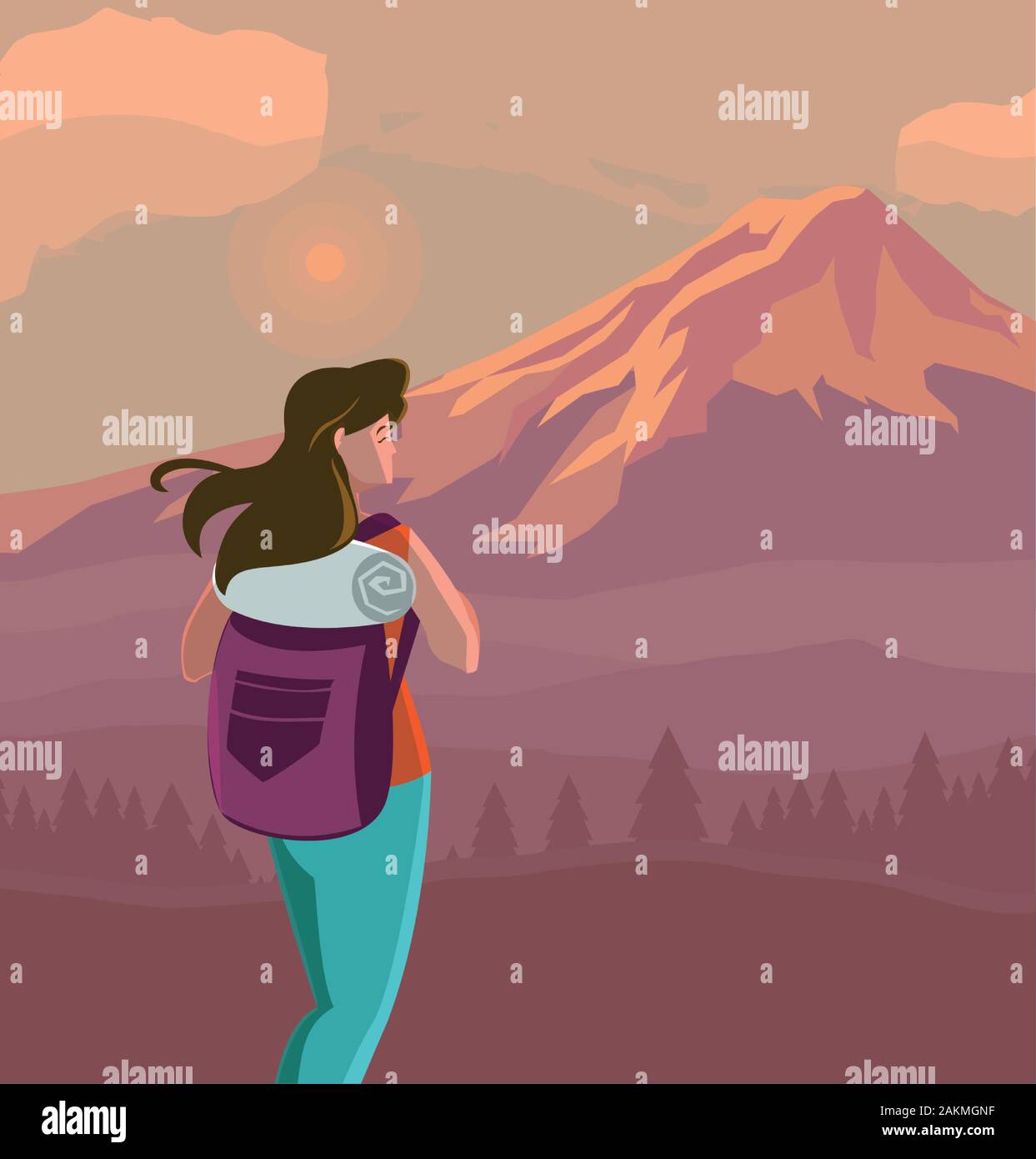 Hiker woman with bag and landscape design, Walker excursionist rambler ...