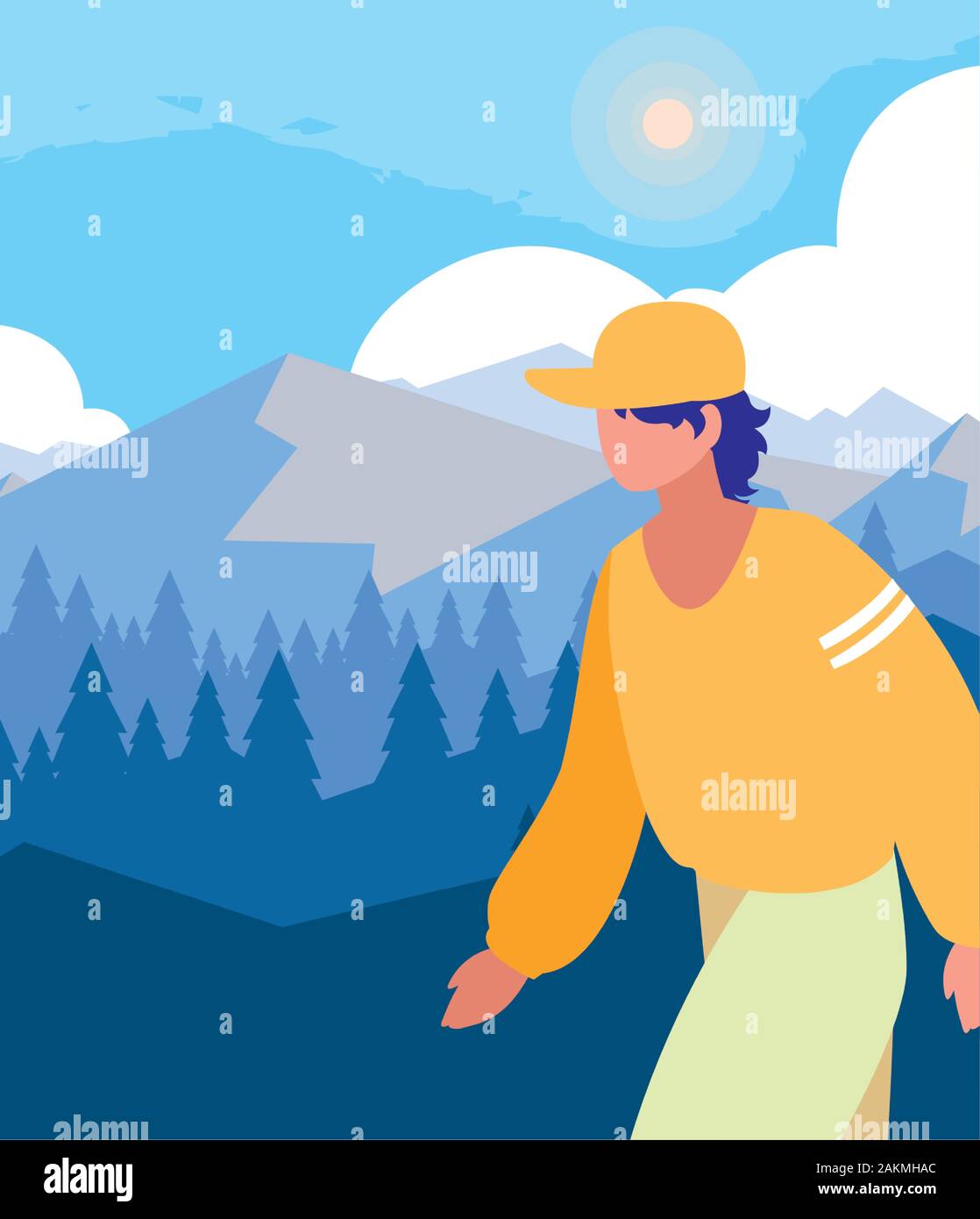 Hiker man and landscape design, Walker excursionist rambler tripper ...