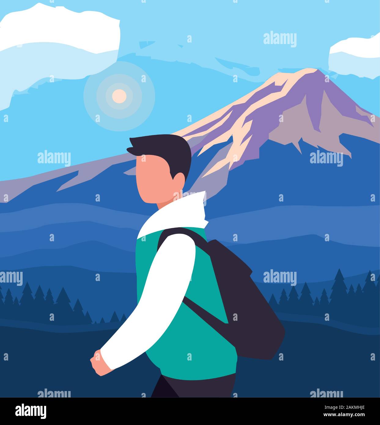 Hiker man with bag and landscape design, Walker excursionist rambler ...