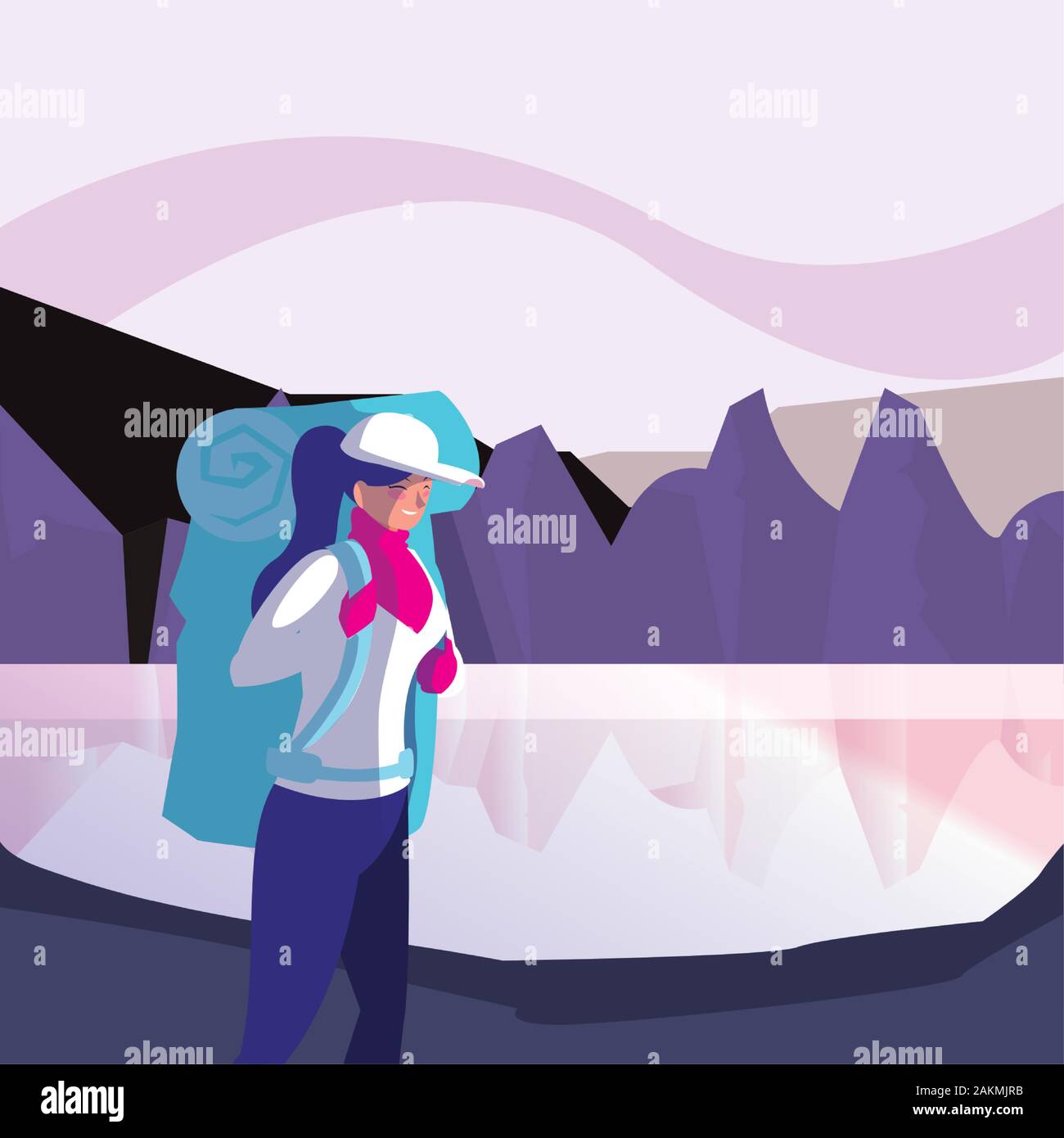 Hiker woman with bag and landscape design, Walker excursionist rambler ...