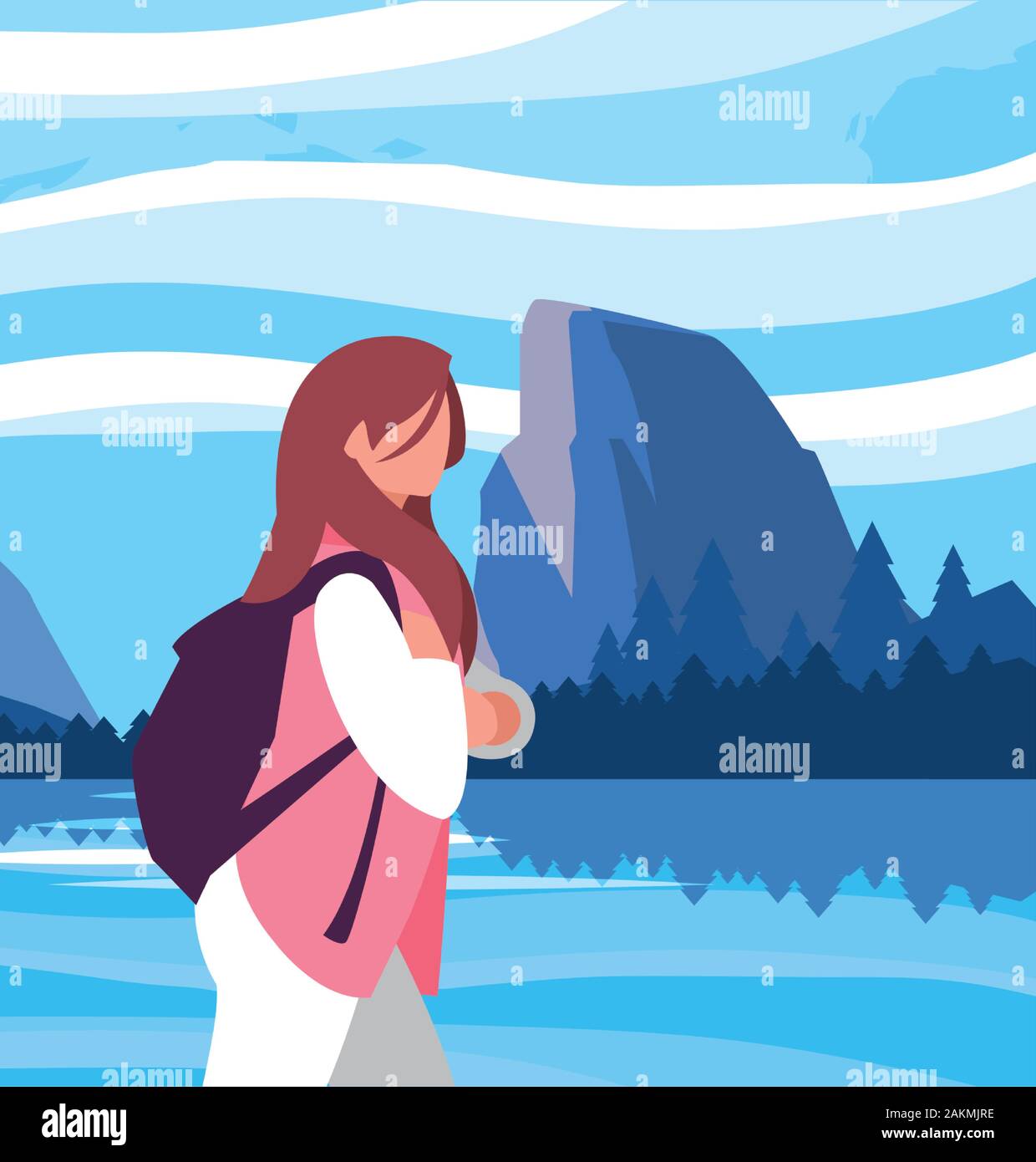 Hiker woman with bag and landscape design, Walker excursionist rambler ...