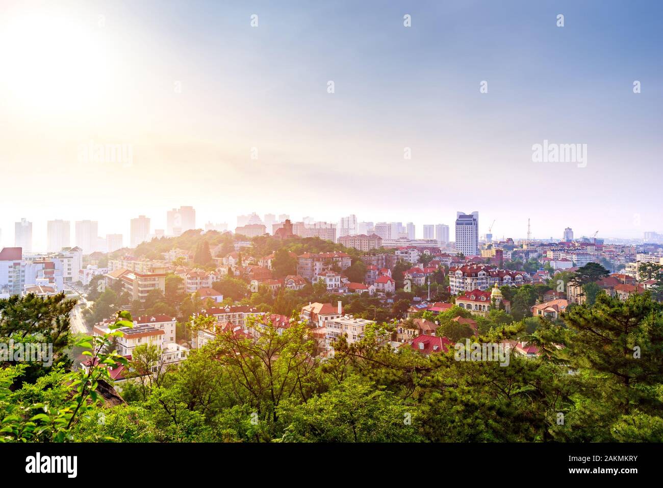 Bird's eye view of red roofs and cityscape, Qingdao, China Stock Photo ...